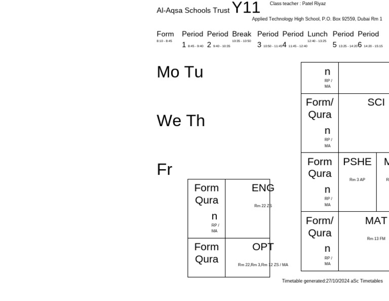 Secondary Class Timetable Winter 2024-2025 v1 | PDF