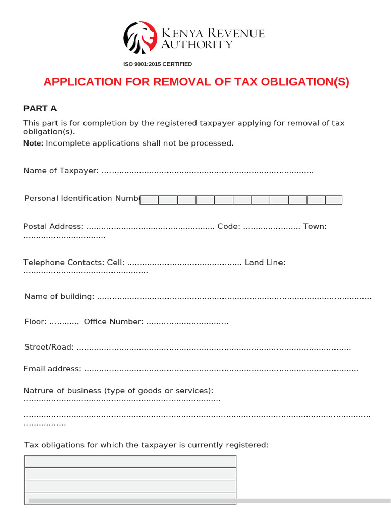 Tax Obligation Removal Application Form | PDF