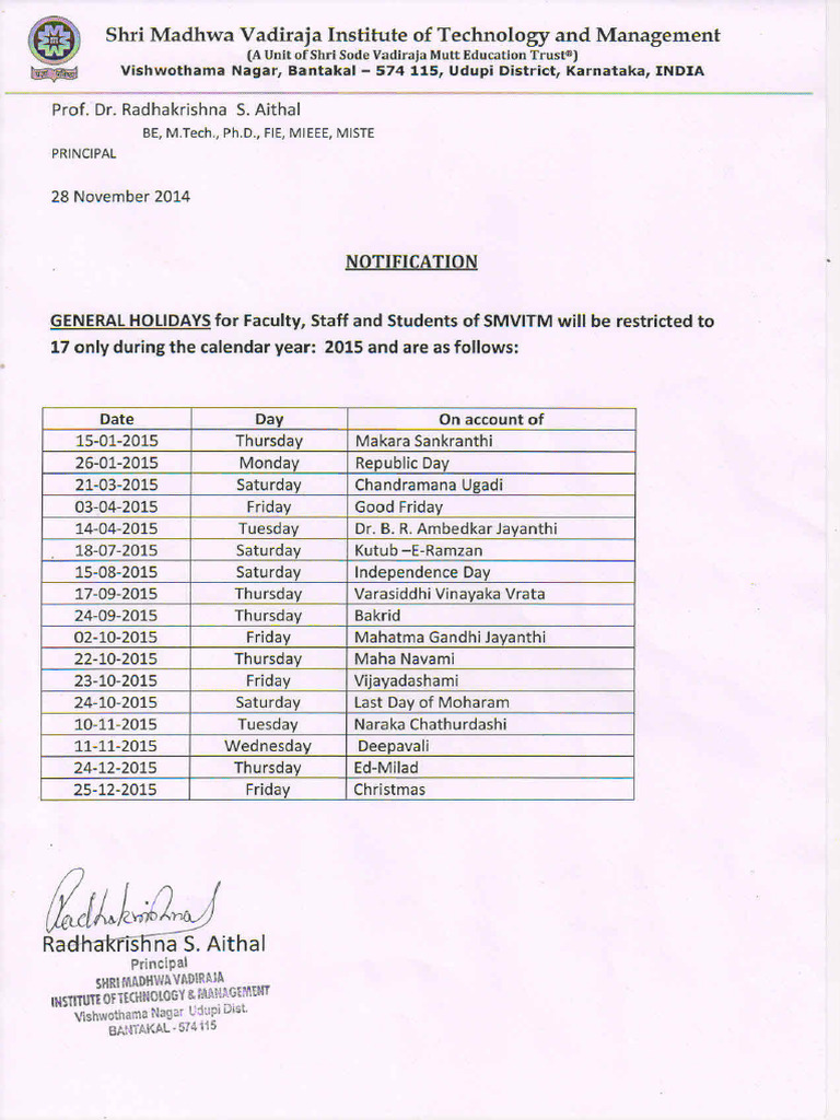 General-Holidays-Restricted-Holidays-2015 SMVITM | PDF