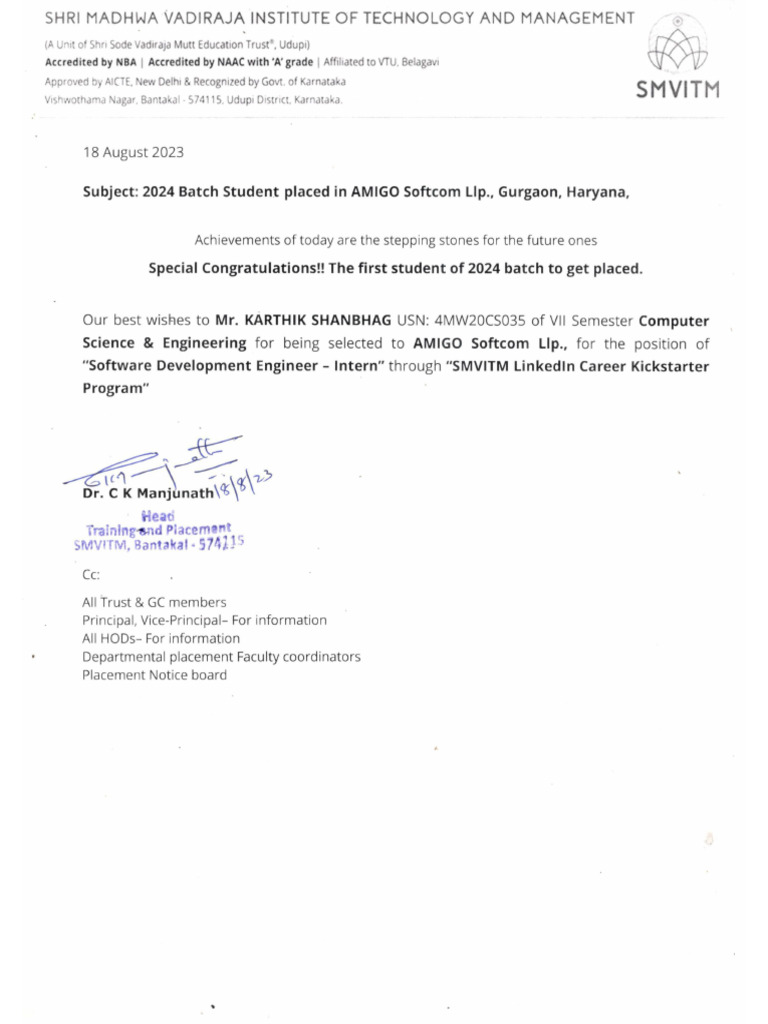 2024 Batch Student Placed in AMIGO Softcom LLP., Gurgaon, Haryana | PDF