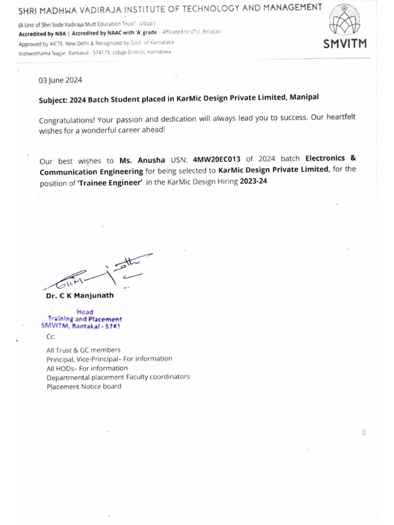 2024 Batch Student Placed in KarMic Design Private Limited, Manipal | PDF