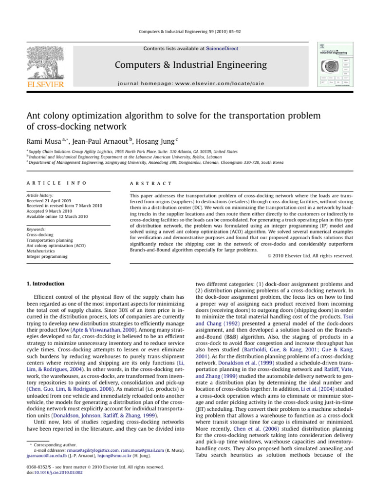 Ant Colony Optimization Algorithm To Solve For The Transportation Problem of Cross-Docking ...