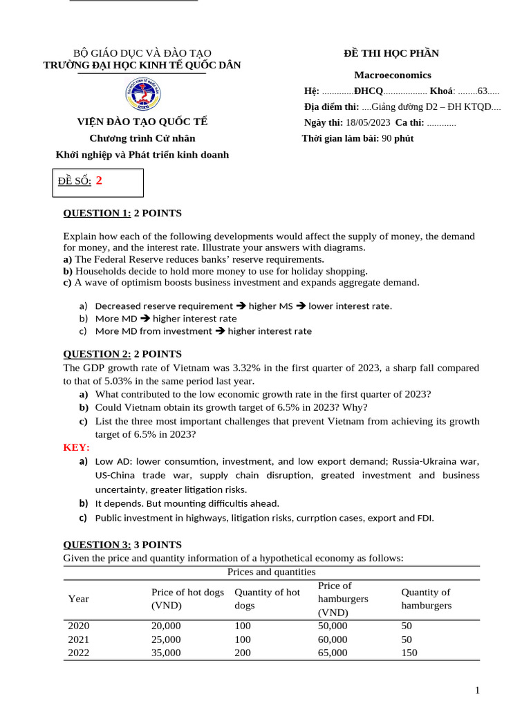 BBAE Intake K63 - Macro Final Exam - No. 2 - With Keys | PDF | Cost Of Living | Gross Domestic ...