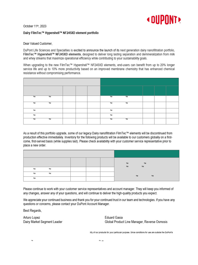 NF FilmTec Hypershell NF245XD EMEA Customer Letter 45 D04672 en | PDF