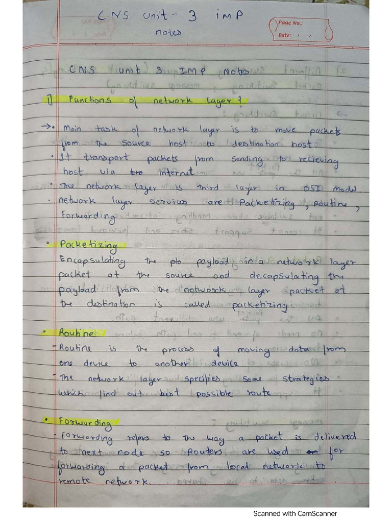CNS - Unit 3 (Network Layer) - Handwritten Notes | PDF