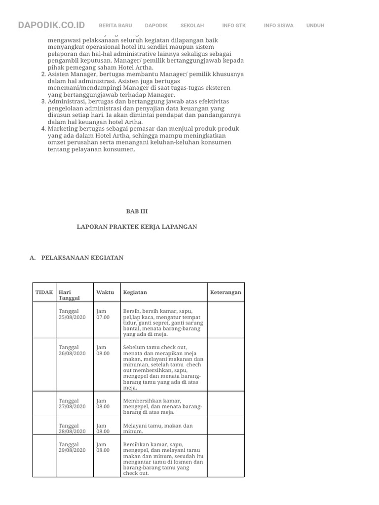 Contoh Laporan Pelaksanaan Praktek Kerja Lapangan (Pkl) Jurusan Perhotelan Doc Terbaru - Dapodik ...