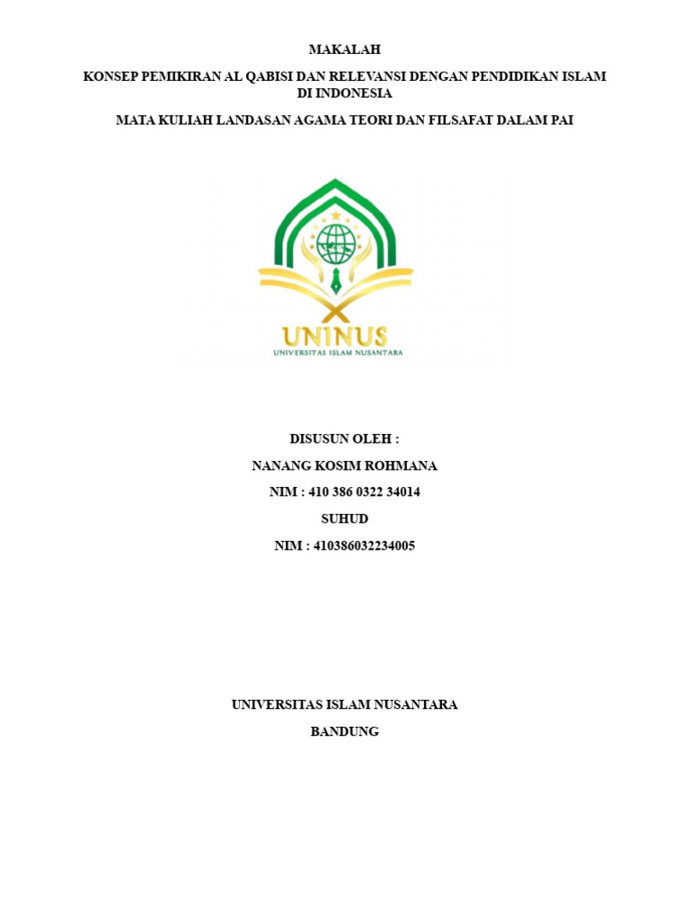 UTS - Pak Ustadz Suhud (Konsep Pemikiran Al-Qabisi dan Relevansi dengan Pendidikan Islam (PAI ...