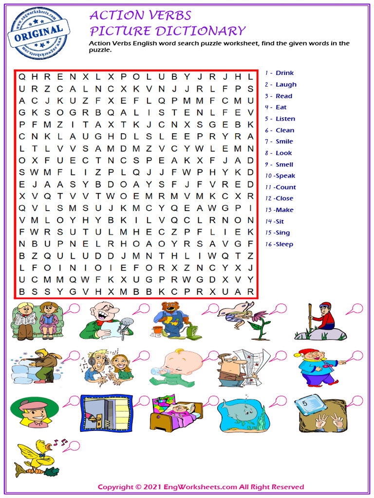 Action Verbs English Word Search Puzzle Worksheet Find The Given Words ...