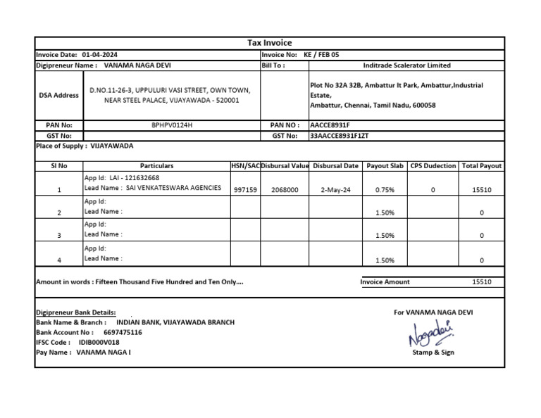 Invoice for Vanama Naga Devi Services | PDF