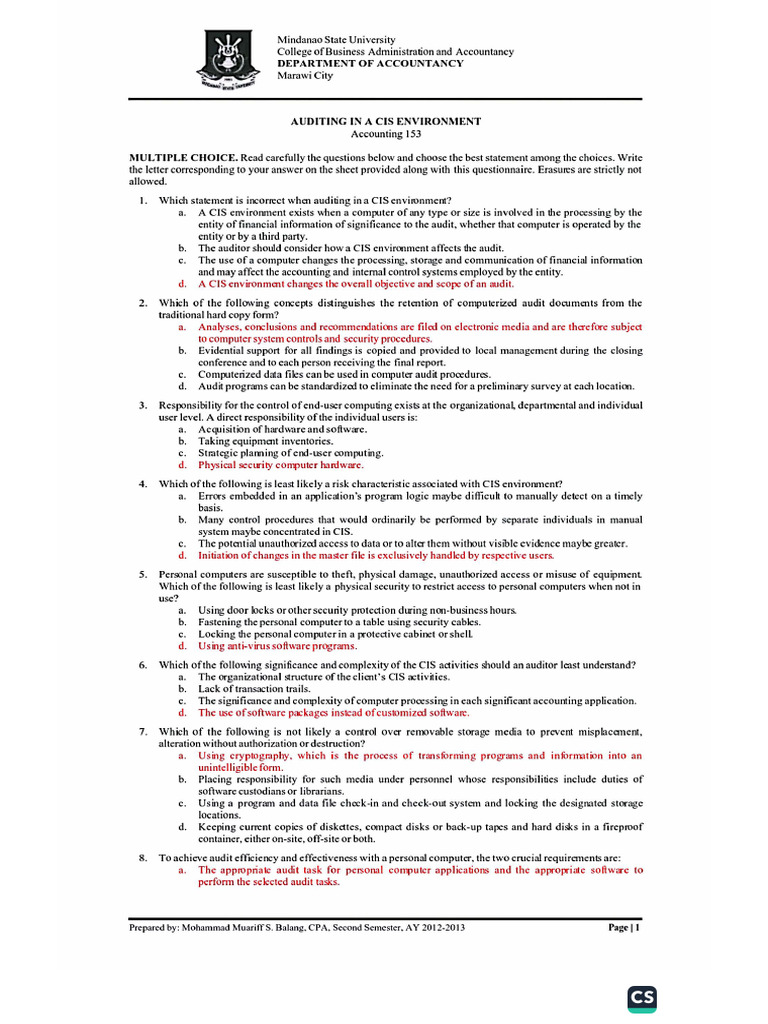 Auditing in CIS (Test Bank - 2) | PDF