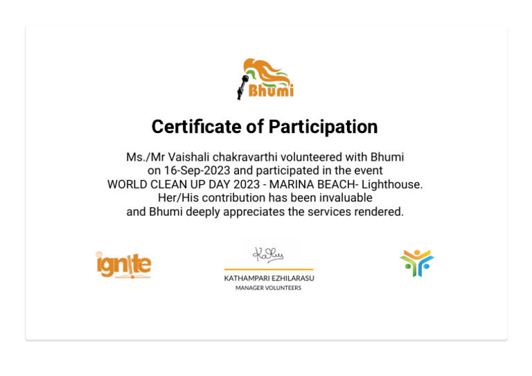 BHUMI - Volunteering - Certificate Catalyse Event | PDF