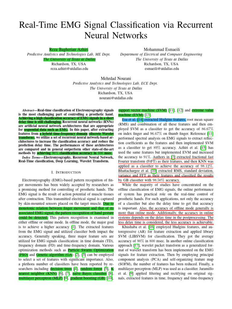 Real Time EMG Classification Using RNN - Bekar | PDF | Artificial Neural Network | Wavelet