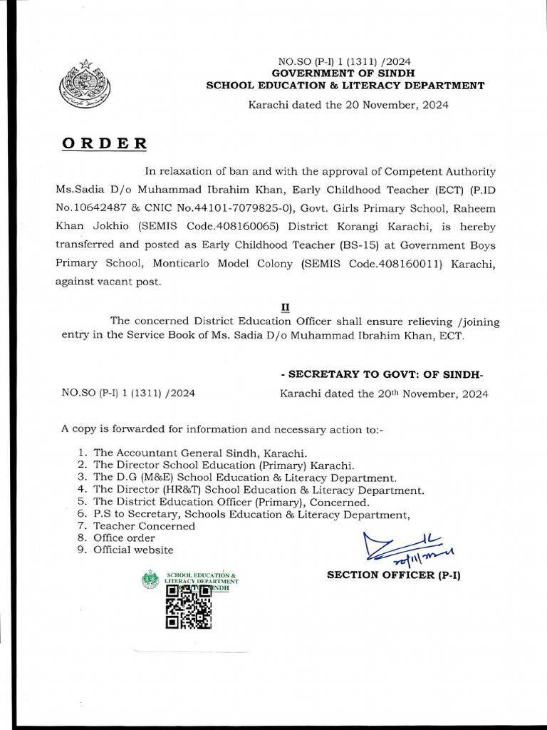 104096 Order for transfer and posting in respect of Ms. Sadia DO Muhammad Ibrahim Khan, ECT, PID ...