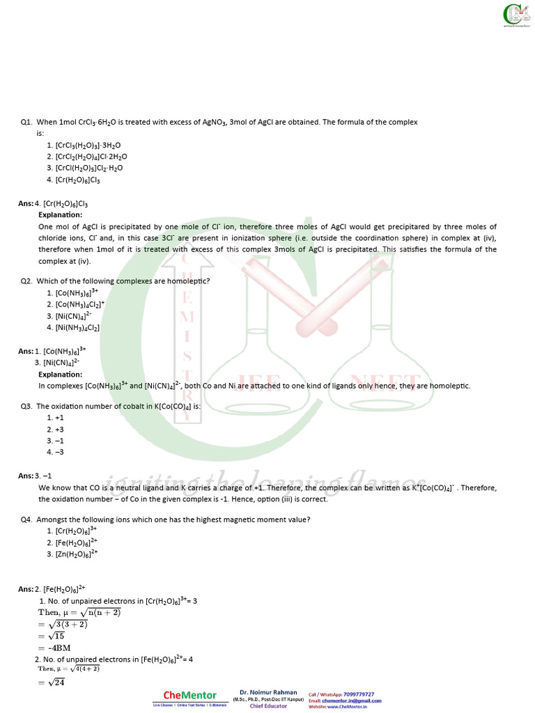 Coordination Compounds (Mcqs Solved) | PDF | Coordination Complex | Isomer