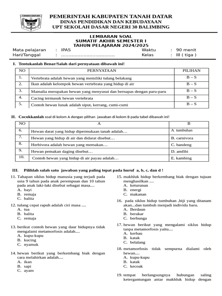 Soal Bam KLS 3 Ibu | PDF