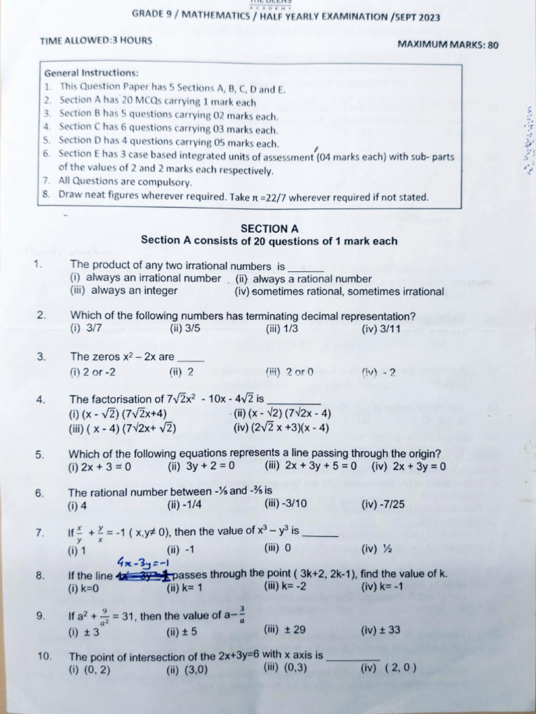 Grade 9 Math SA1 Exam | PDF