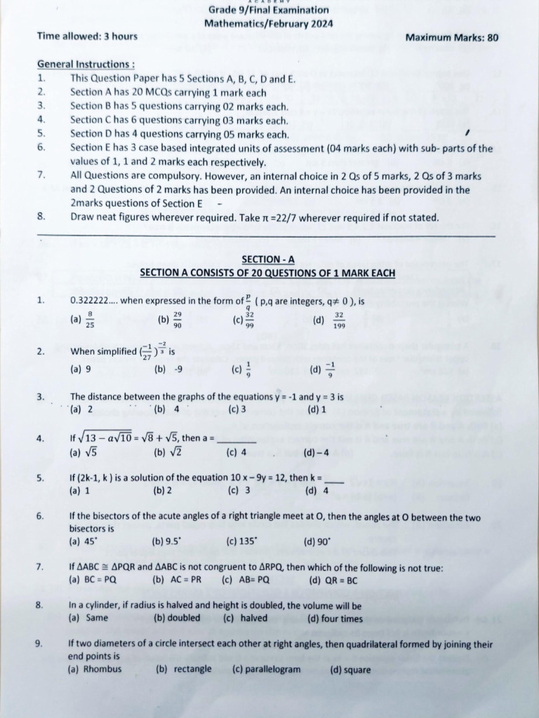 Grade 9 Math Final Exam | PDF