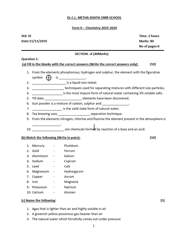 Chemistry sample paper | PDF | Chemical Elements | Chlorine