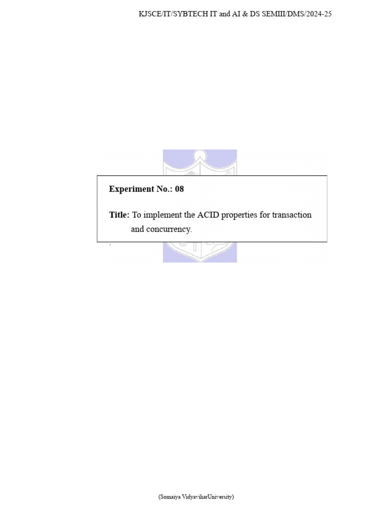 Experiment 8 | PDF | Database Transaction | Concurrency (Computer Science)