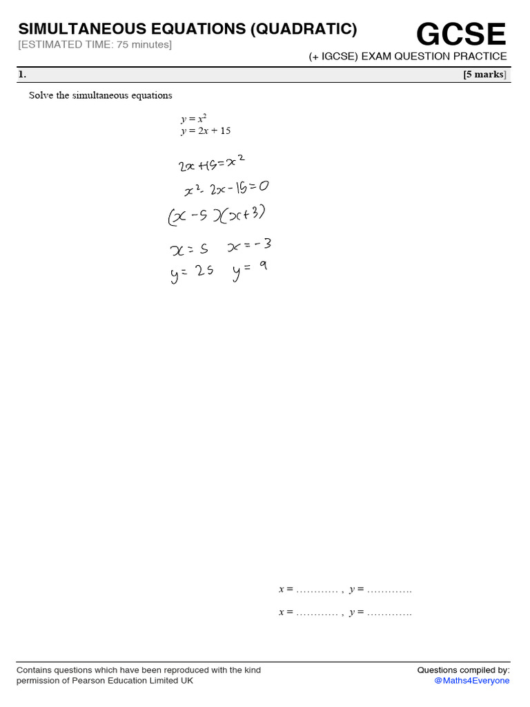 GCSE Simultaneous Equations (Quadratic) | PDF | Algebra | Mathematics