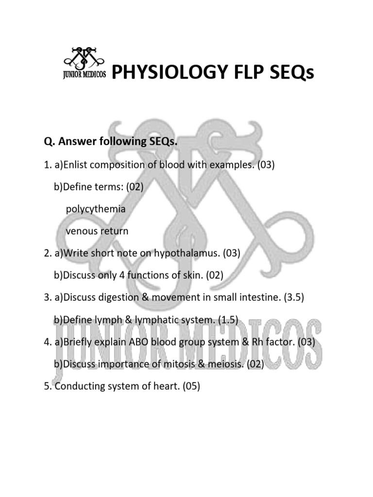 Physiology SEQs: Blood, Digestion, Heart | PDF