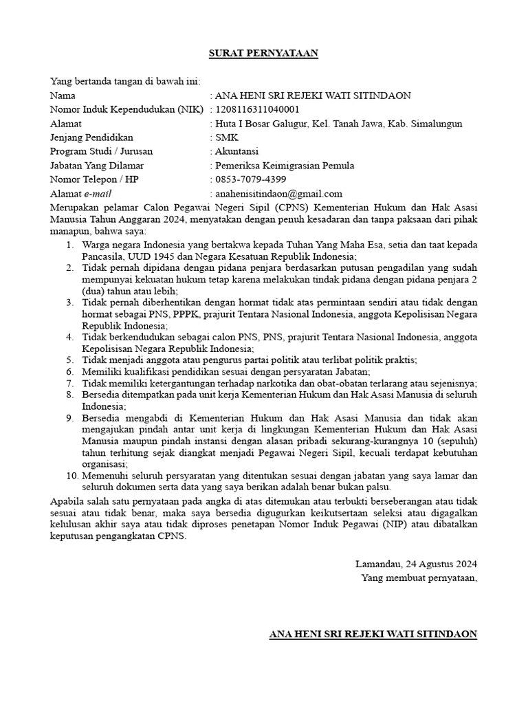 SURAT PERNYATAAN - Hani | PDF