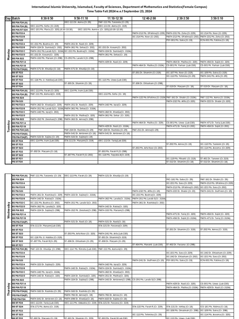 DMS (FC) Timetable Fall 2024 (23.09.2024) | PDF | Mathematics ...