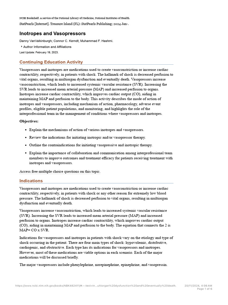 Inotropes and Vasopressors - StatPearls - NCBI Bookshelf | PDF | Shock ...