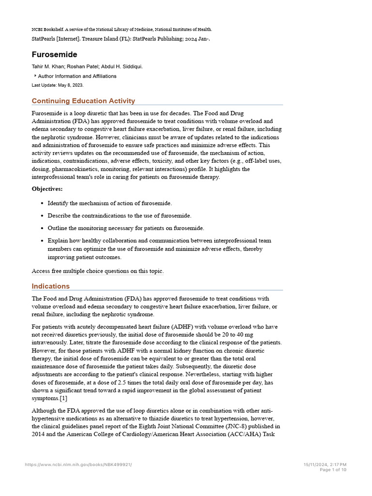 Furosemide - StatPearls - NCBI Bookshelf | PDF | Clinical Medicine ...