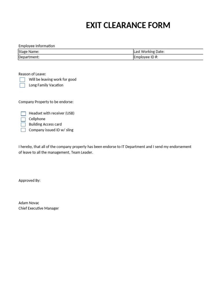 Exit Clearance Form | PDF