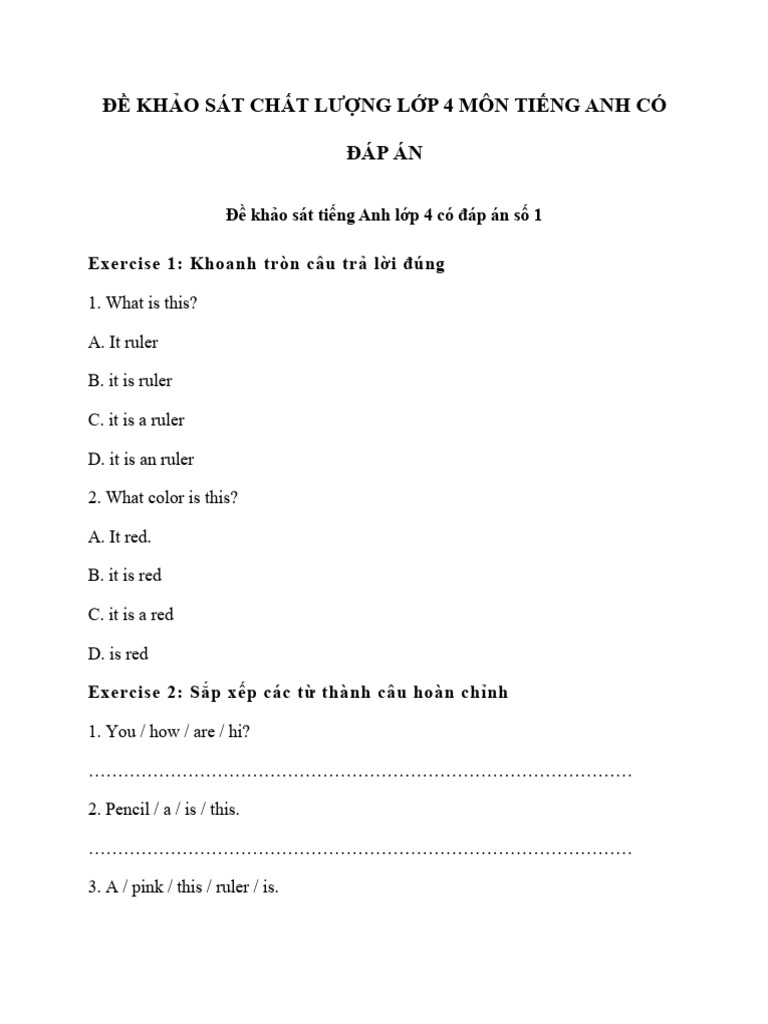 De Khao Sat Chat Luong Dau Nam Mon Tieng Anh Lop 4 | PDF