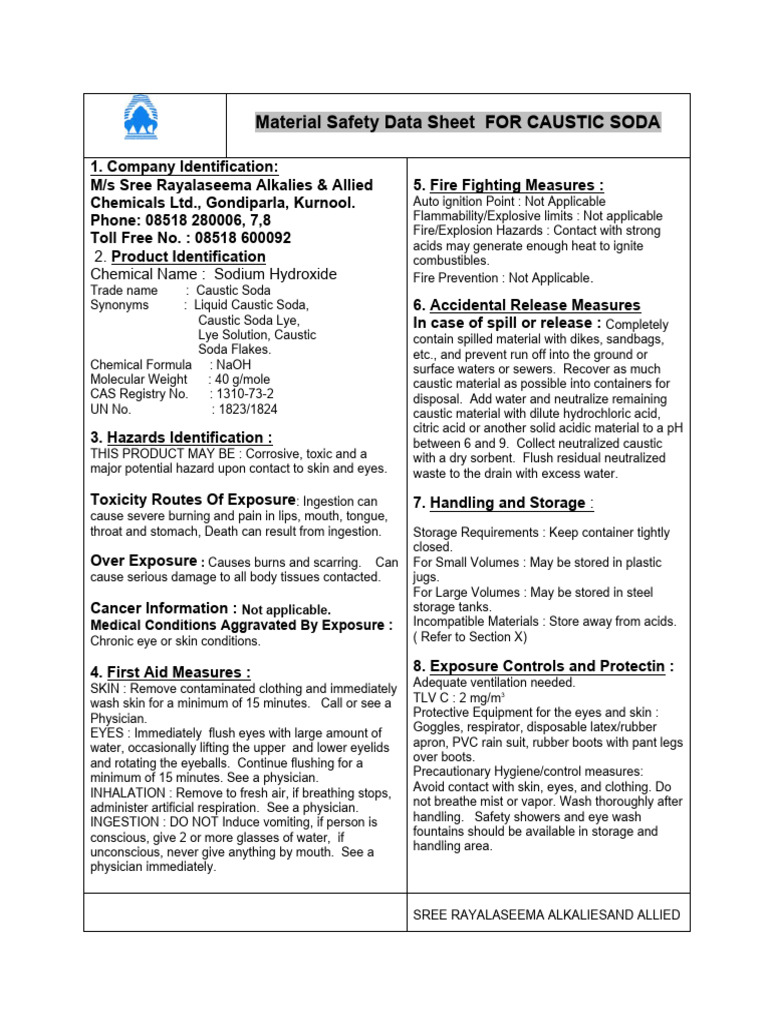 Msds - Caustic Soda | PDF | Sodium Hydroxide | Chemical Compounds