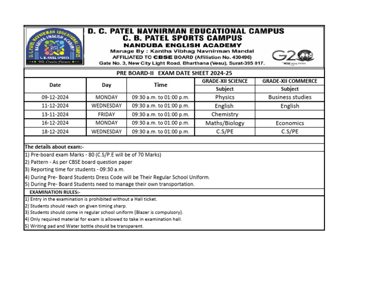 Class Xii Comm and Sci Pre-Board 2 Time Table 2024-25-1 | PDF