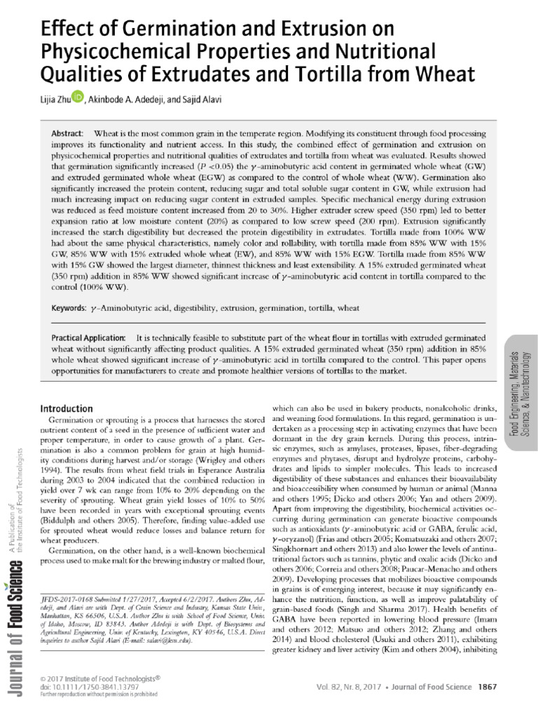 Effect of Germination and Extrusion On Physicochemical Properties and Nutritional Qualities of ...