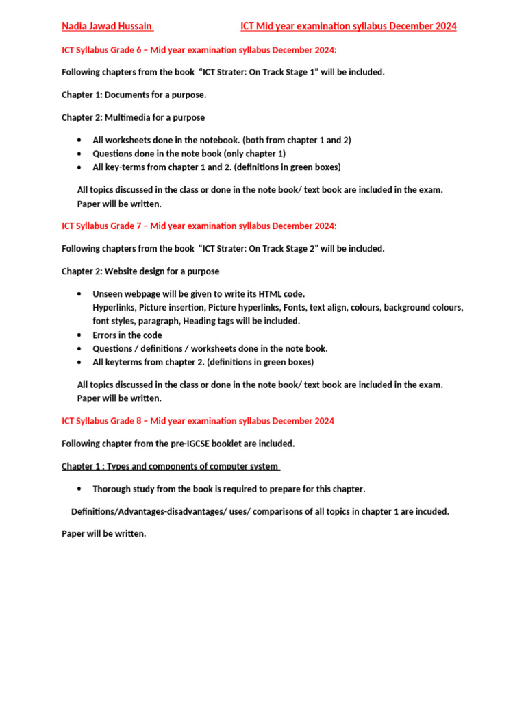 ICT Syllabus - Mid Year Examination December 2024 | PDF