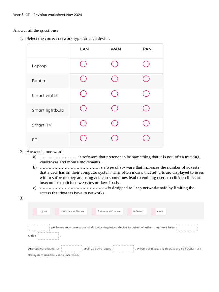 Y8_Revision_worksheet 1 | PDF | Computer Network | Wi Fi