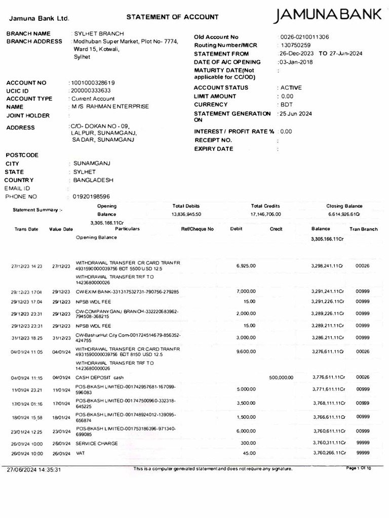Business Account Statement | PDF | Debits And Credits | Banks