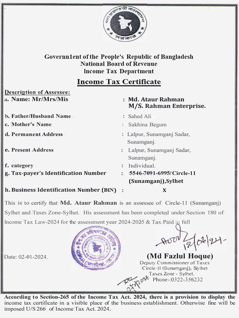 Income Tax Certificate | PDF