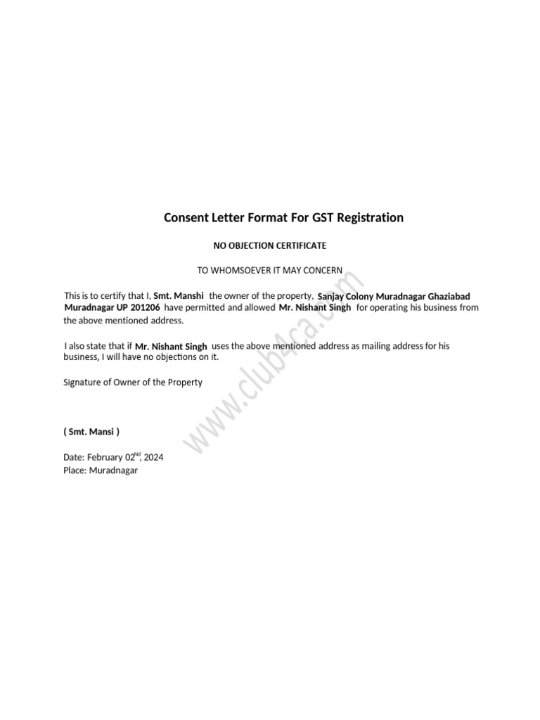 GST Registration Consent Letter Format | PDF