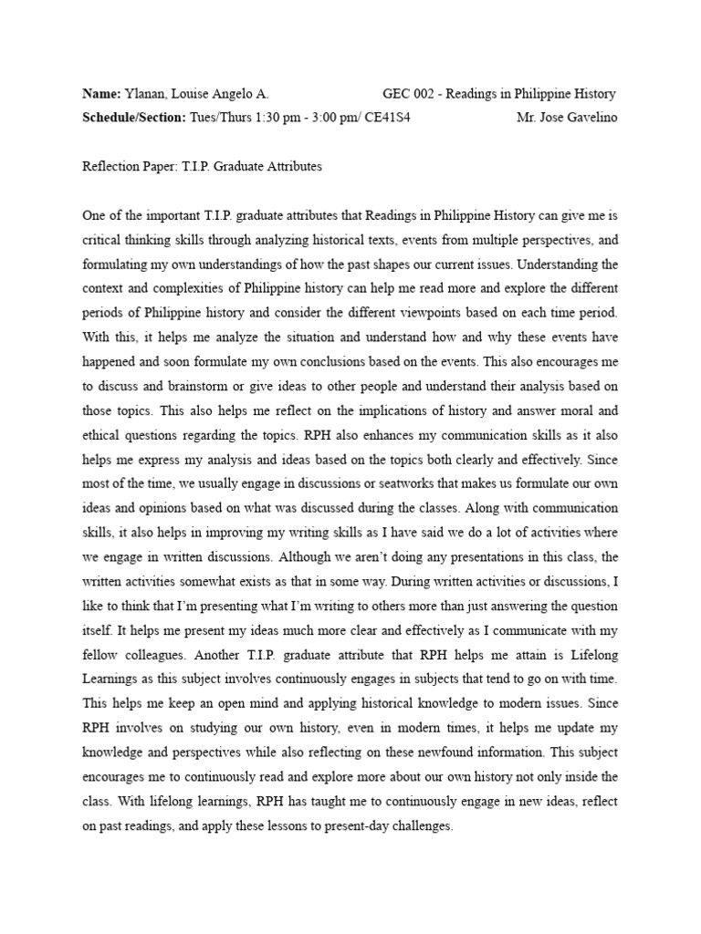 Reflection Paper YLANAN CE41S4 RPH | PDF | Critical Thinking | Learning