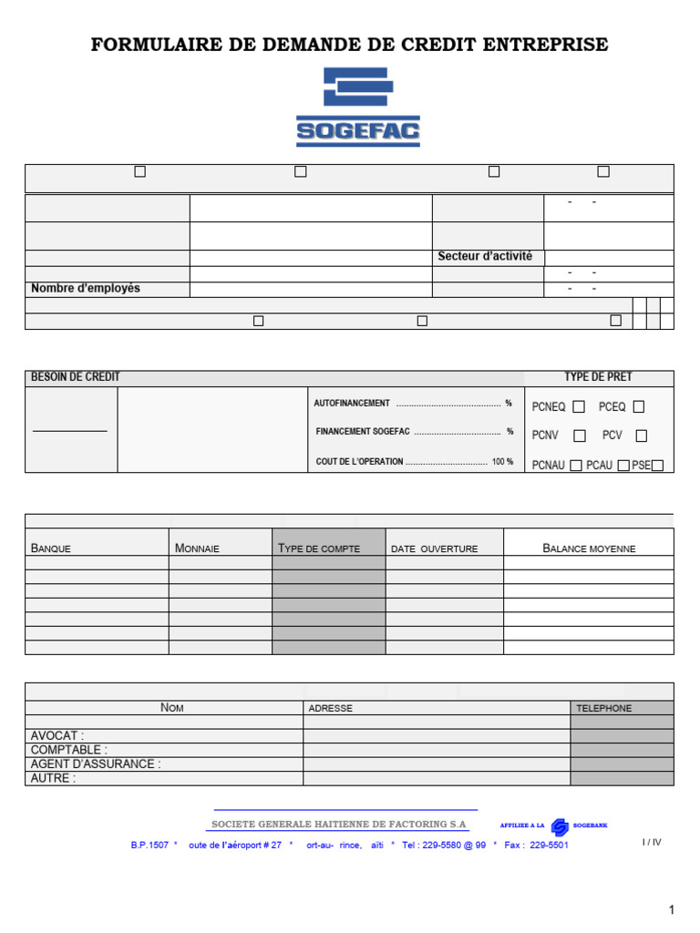 Demande de Crédit Entreprise SOGEFAC | PDF | Crédit | Finance et ...