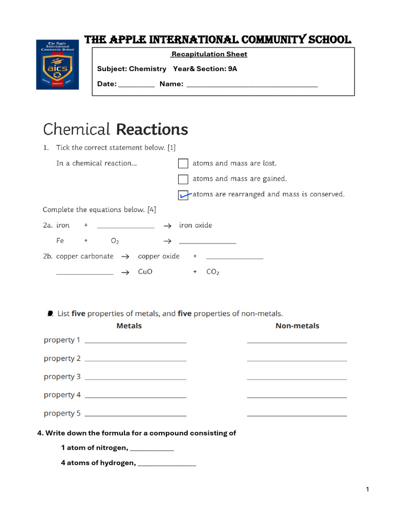 Term 1 Recapitulation Sheet_Chemistry-Answers | PDF | Atoms | Proton