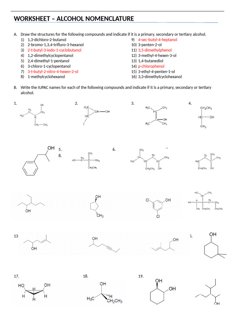 10 Worksheet Alcohol Nomenclature QUESTIONS | PDF | Organic Compounds ...