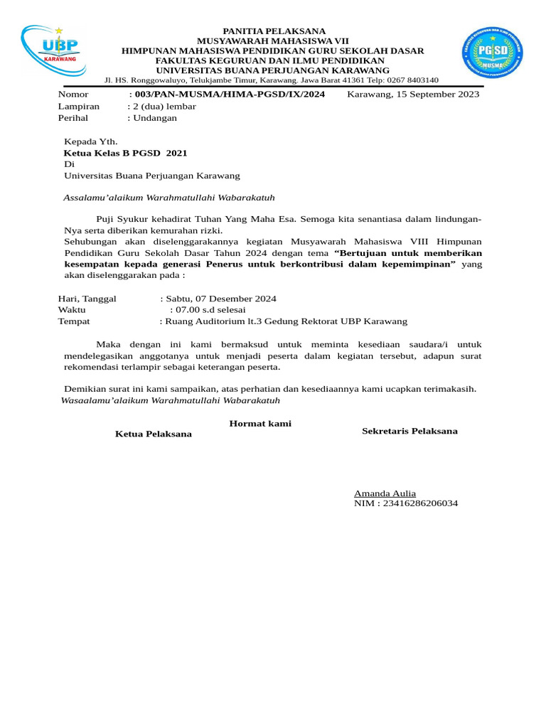 Surat Undangan Delegasi SD21B MUSMA HIMA 2024 | PDF