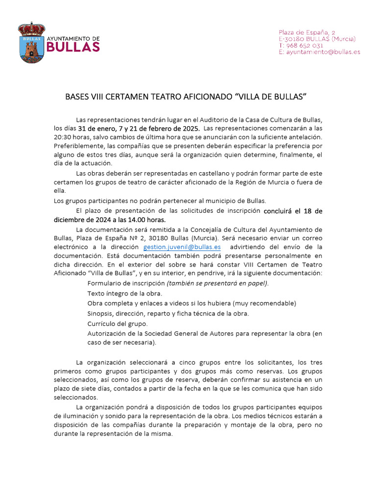 Bases Certamen Teatro Aficionado 2025 Definitivas | PDF