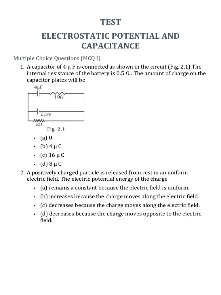 Electrostatic Potential and Capacitance MCQs | PDF | Capacitor | Capacitance