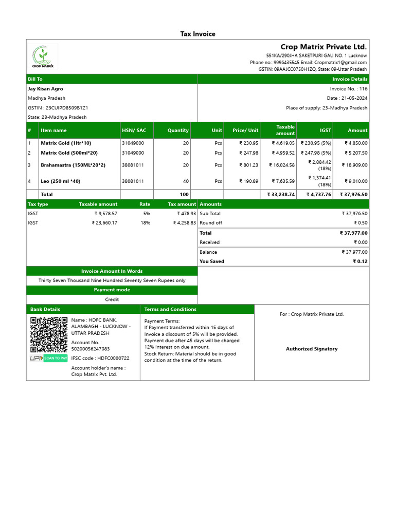 Tax Invoice - 116 - 21 - 05 - 24 Jay Kisan Agro | PDF | Invoice | Taxes
