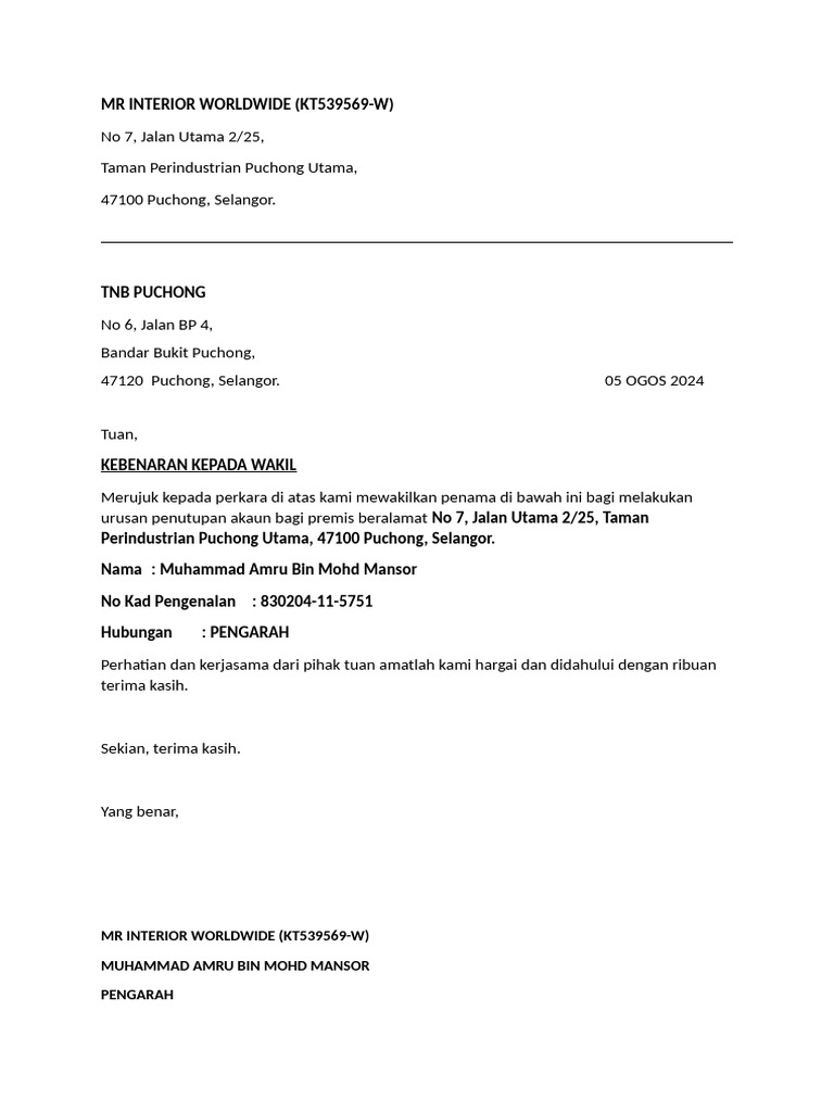 Surat Wakil Penutupan Akaun | PDF