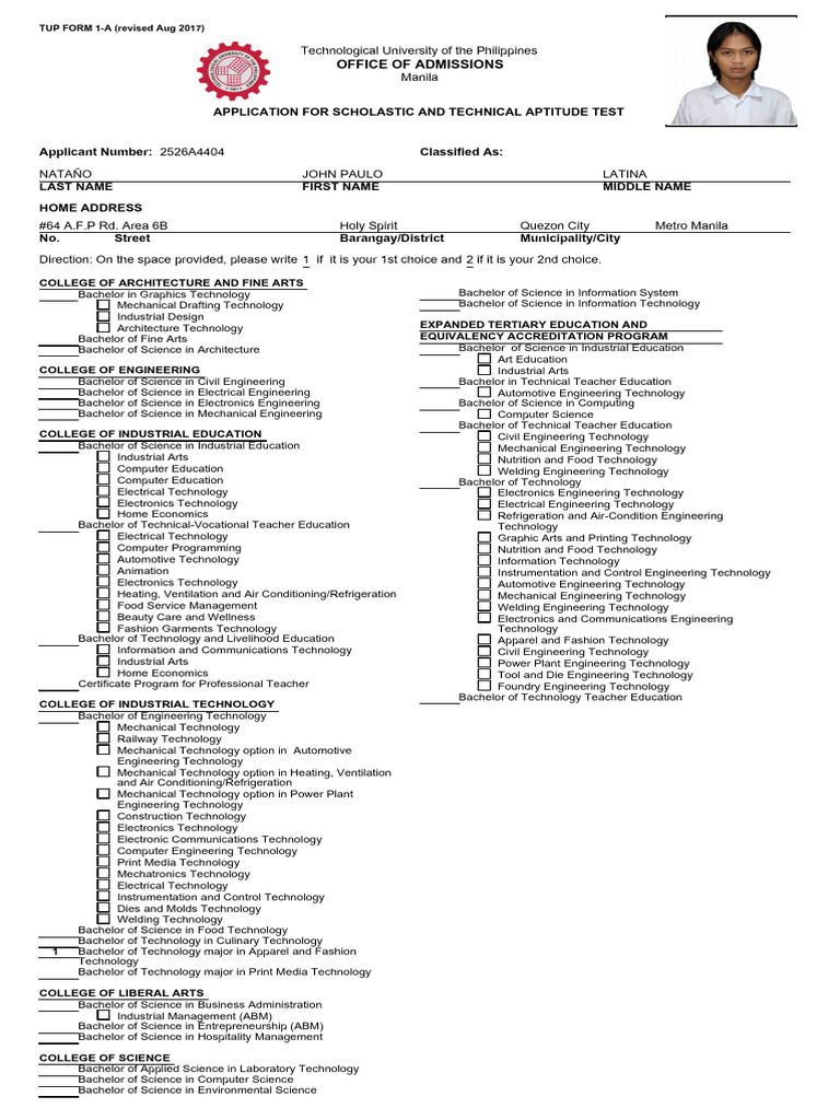 TUP Form 1-A Application Guide | PDF | Engineering | Mechanical Engineering