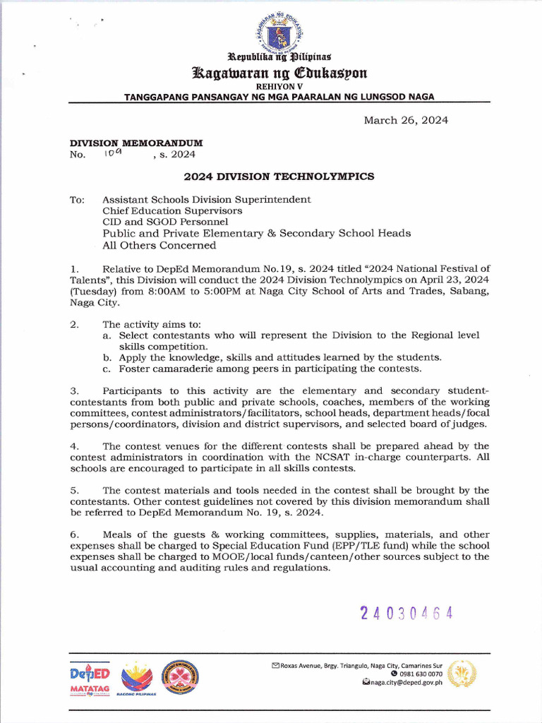 DM No. 109, S. 2024 2024 Division Technolympics | PDF